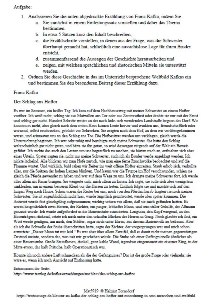 Klausur zu Kafka, "Der Schlag ans Hoftor" - mit Einordnung in sein Menschen- und Weltbild ...