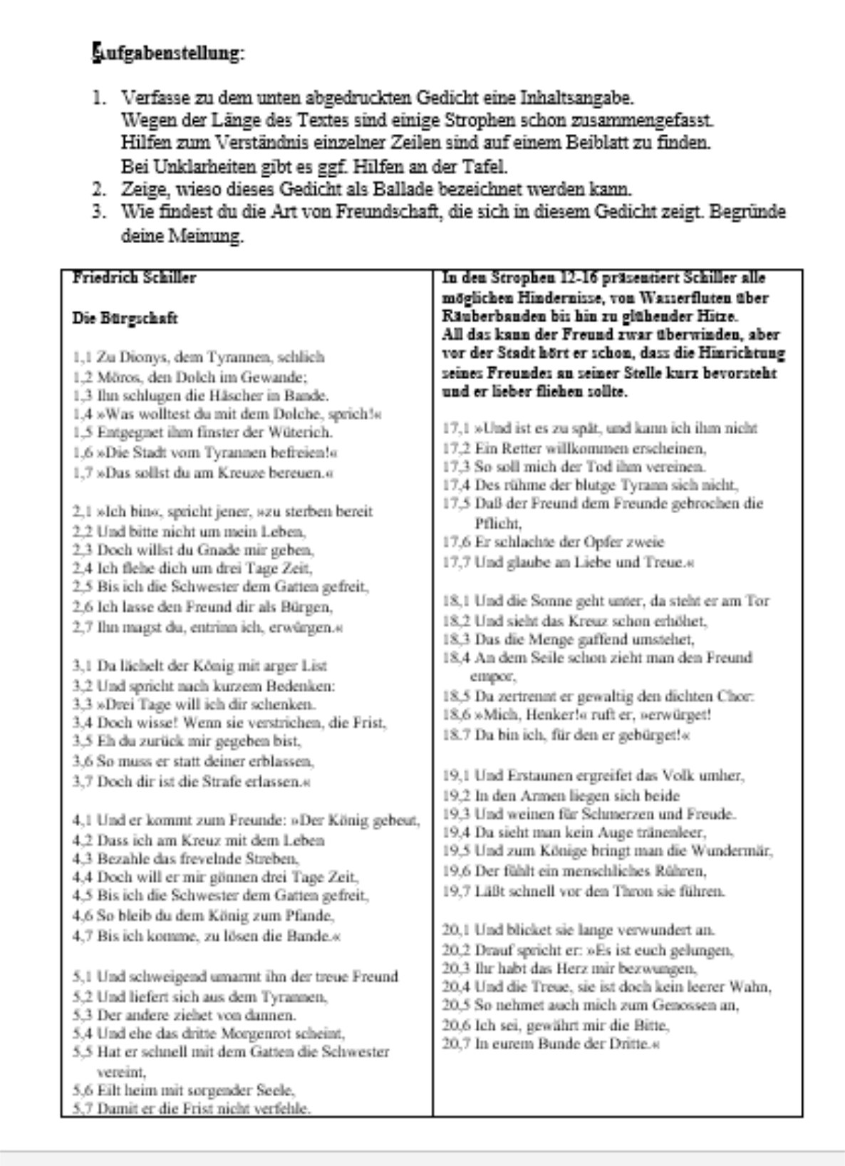 Klassenarbeit zu Schiller, "Die Bürgschaft" oder die Frage nach der ...